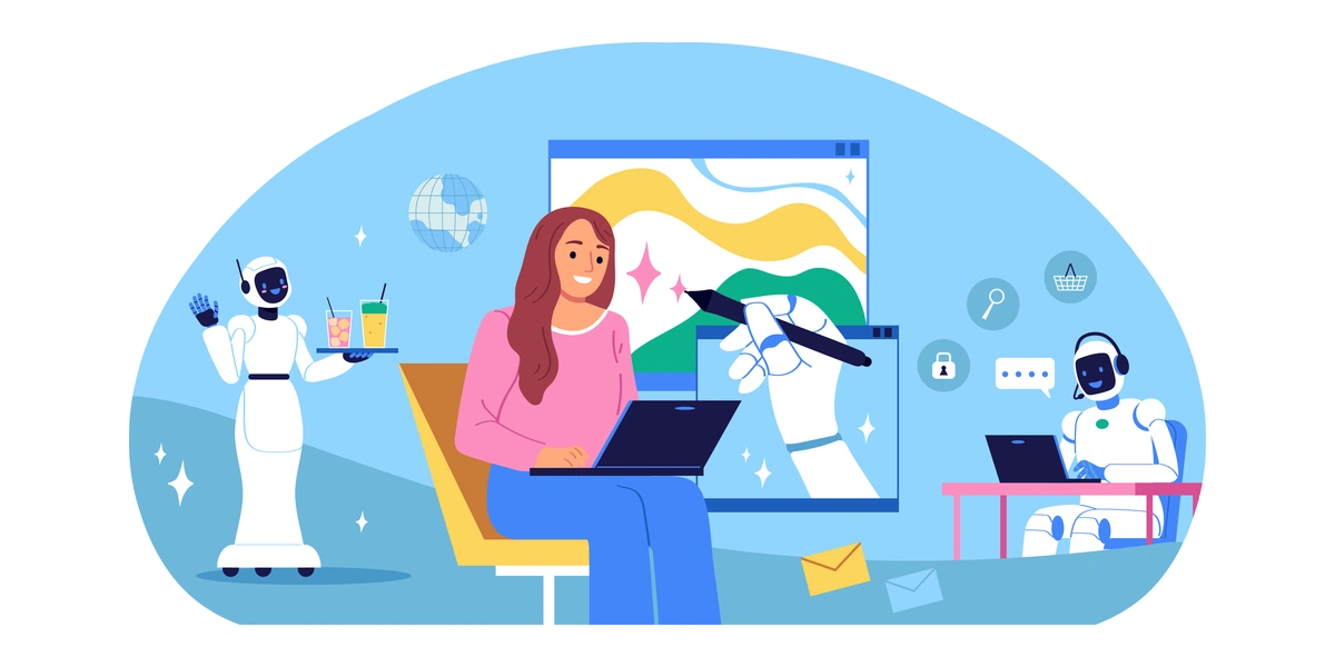 Colorful illustration of a scene with a humanoid robot serving drinks ...