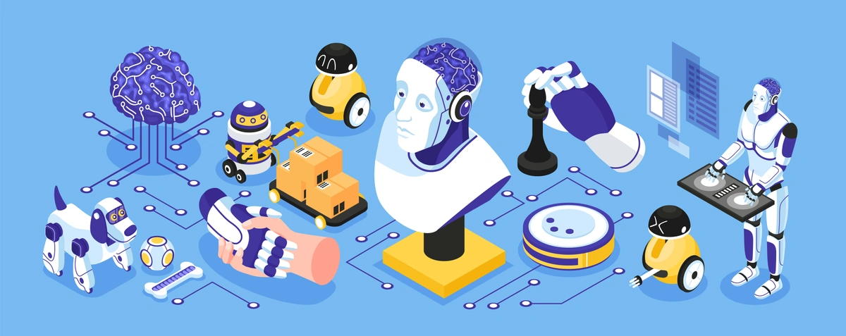 The image shows a collection of interconnected robots and AI, with a ...