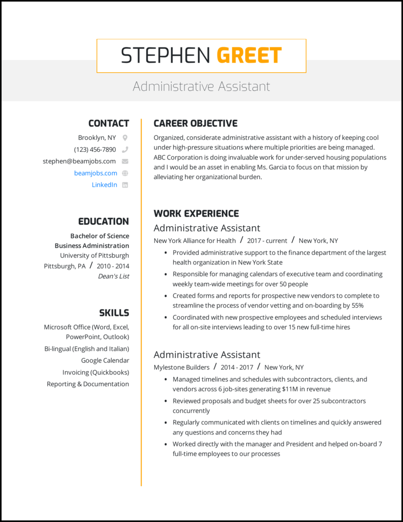 Best 10 Resume Samples For Administrative Assistant Free Samples 