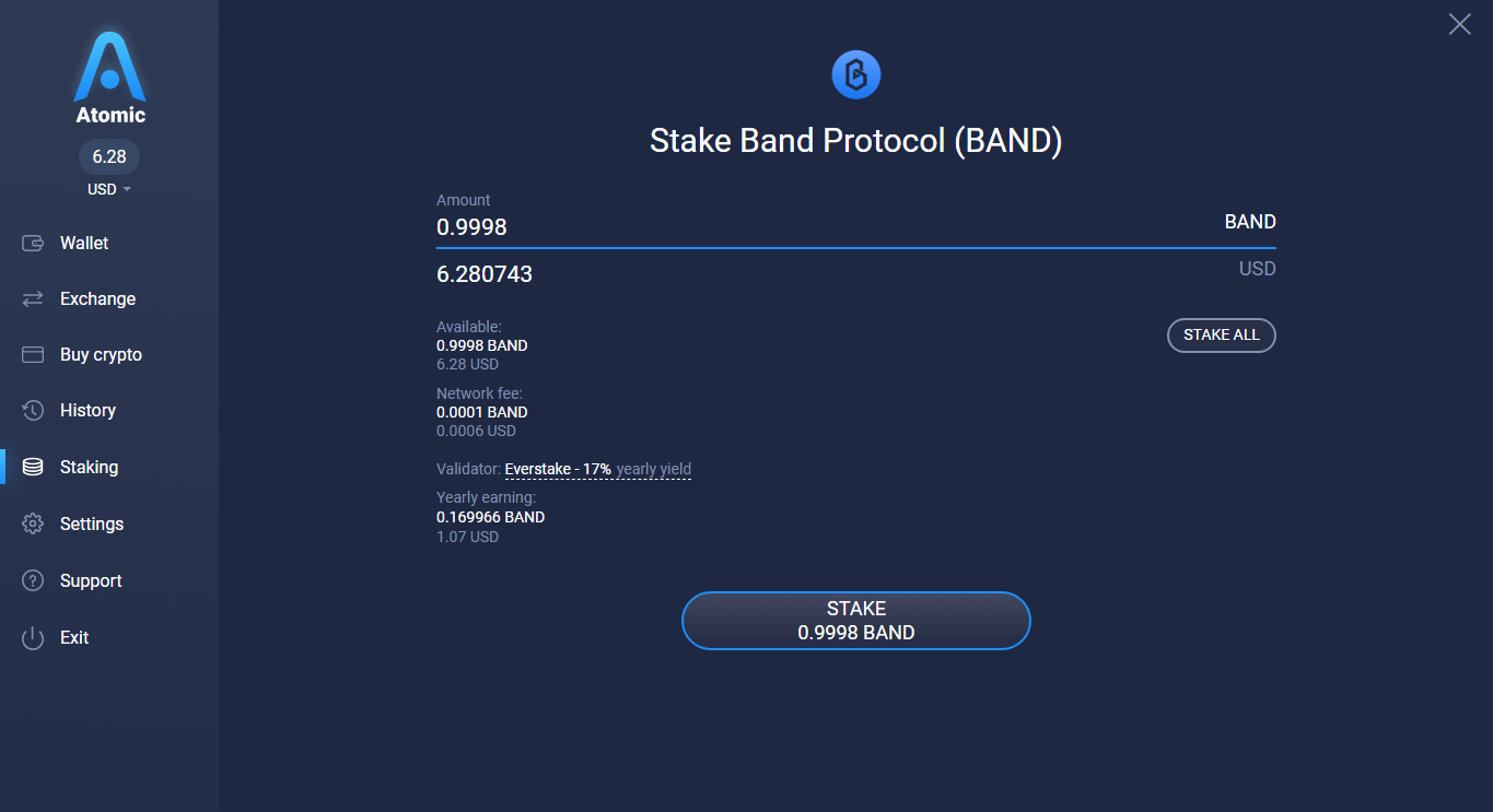 How to stake BAND via Atomic Wallet