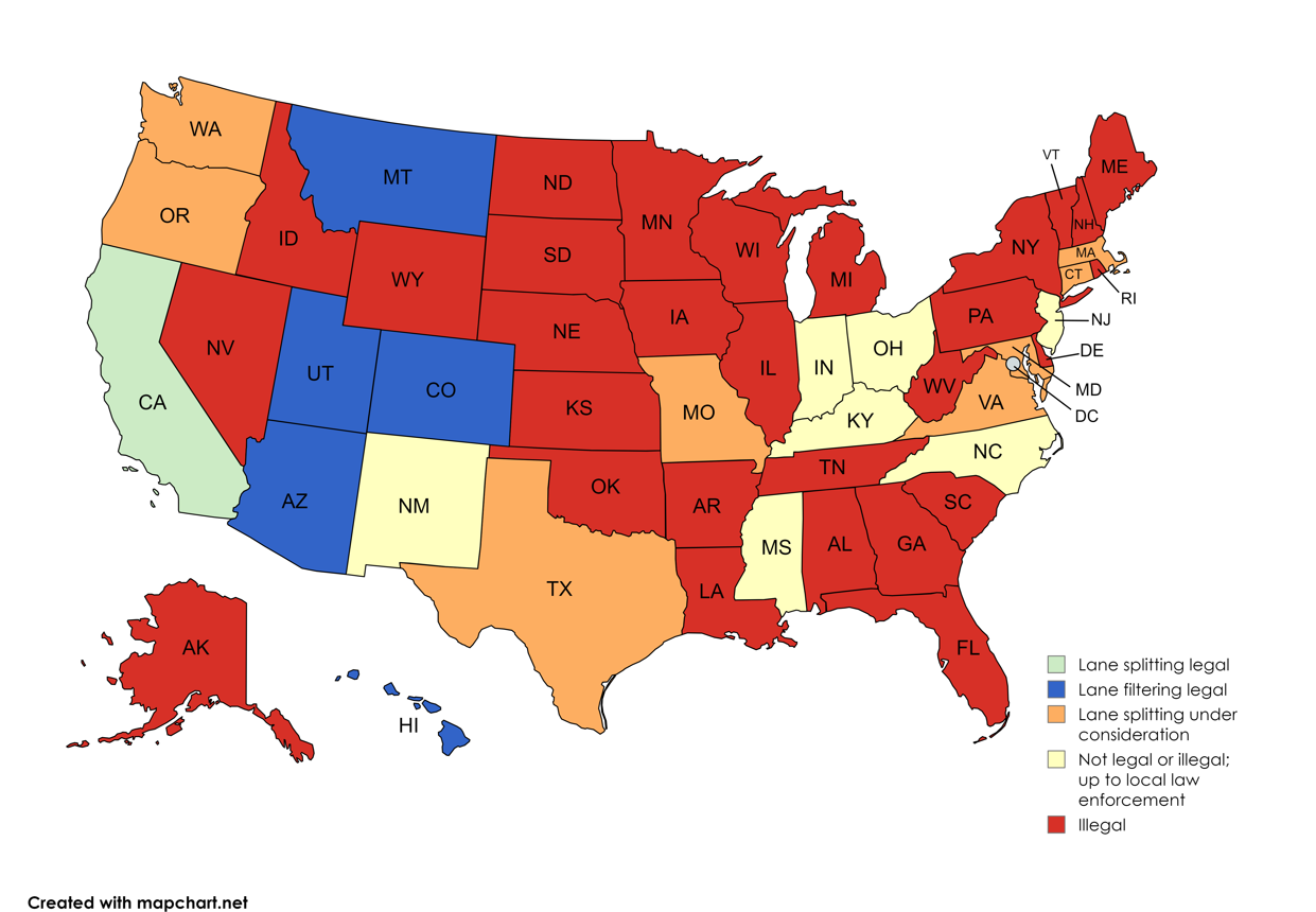Lane Splitting/Lane Filtering is Legal in These States